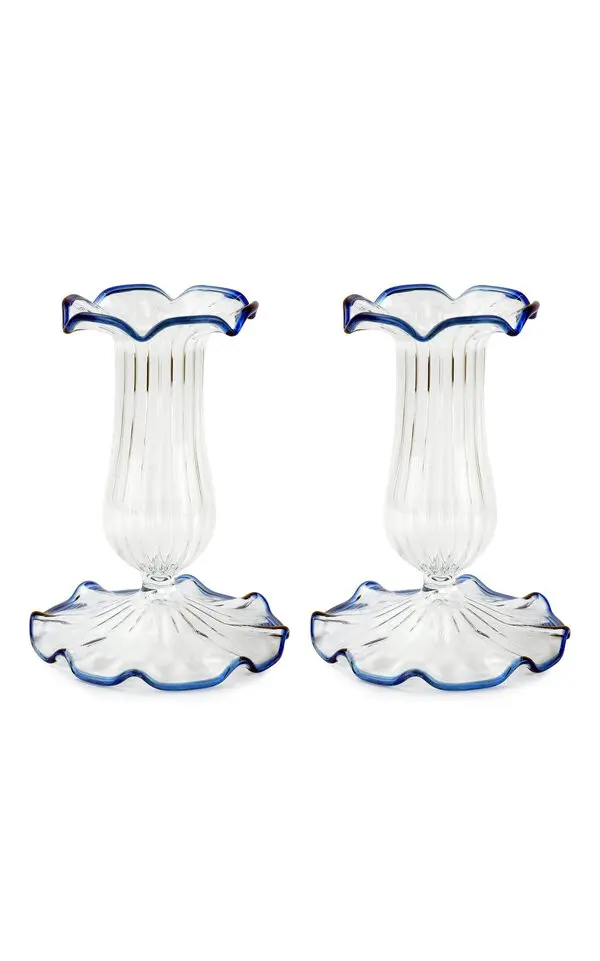 MODA DOMUS Set-of-two Small Scalloped Glass Candle Sticks - Blue