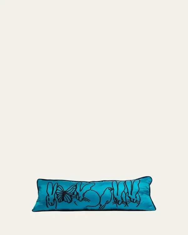 HUNT SLONEM Embroidered Silk & Velvet Agerie Pillow, 14" X 35 - Peacock Blue