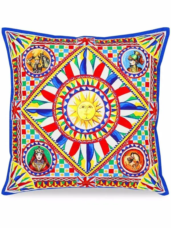 Dolce & Gabbana Small Carretto-print Square Canvas Cushion - White