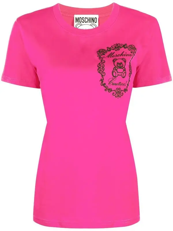 Moschino Flocked-teddy Logo T-shirt - Pink