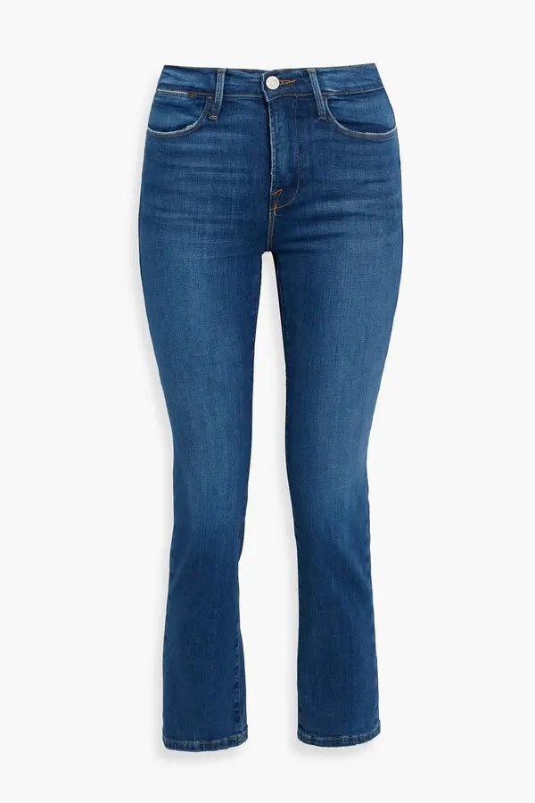 FRAME Le High Straight Distressed Mid Rise Straight Leg Jeans - Mid Denim