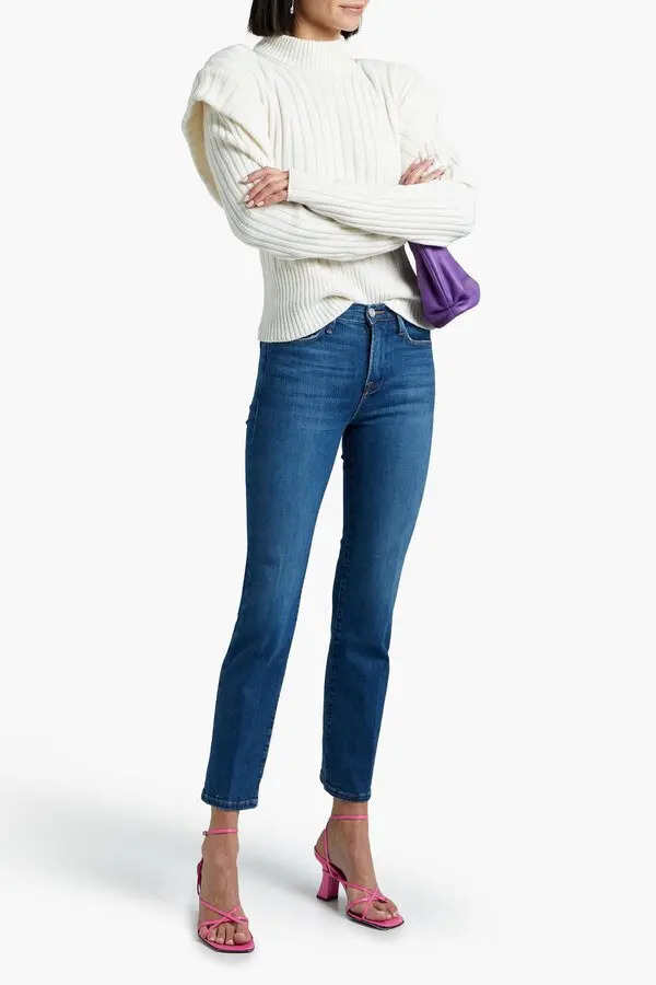 FRAME Le High Straight Distressed Mid Rise Straight Leg Jeans - Mid Denim