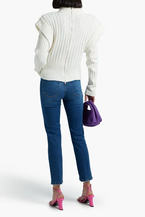 FRAME Le High Straight Distressed Mid Rise Straight Leg Jeans - Mid Denim