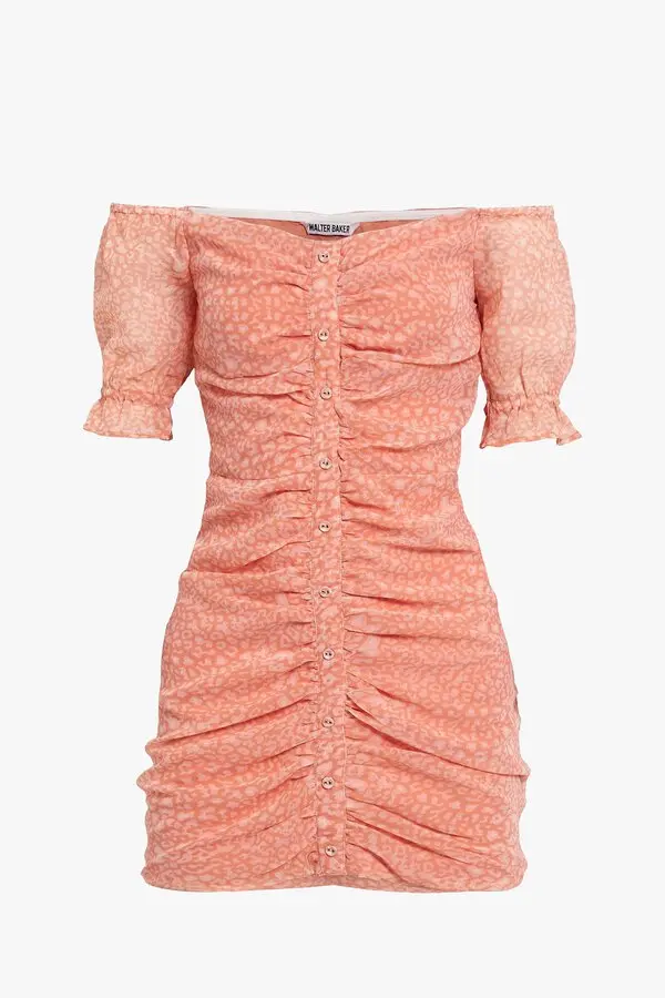 Walter Baker Beverly Off-the-shoulder Ruched Leopard Print Crepe Mini Dress - Peach