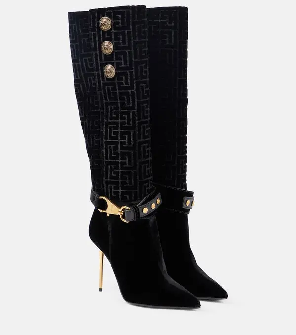 Balmain Robin Monogram Velvet Knee-high Boots