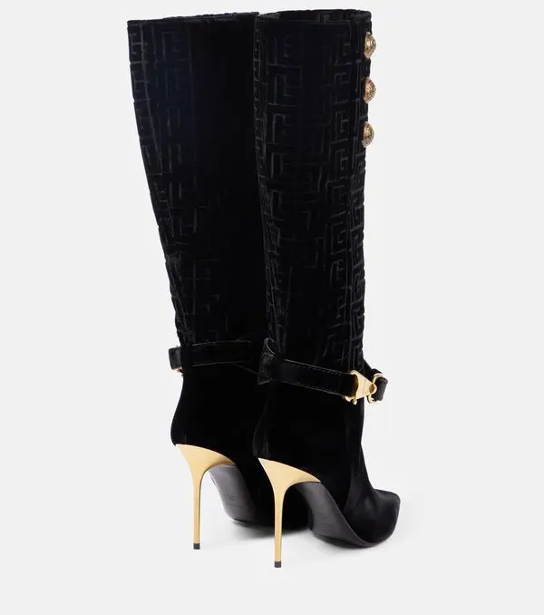 Balmain Robin Monogram Velvet Knee-high Boots
