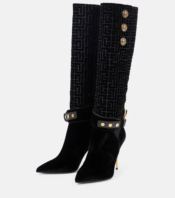 Balmain Robin Monogram Velvet Knee-high Boots