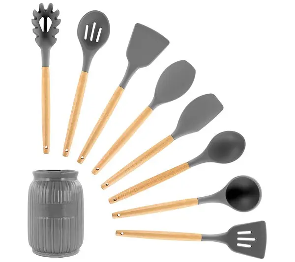 MEGACHEF 9 Piece Silicone And Wood Kitchen Uten Sil Set - One-color