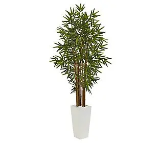 NEARLY NATURAL 5' Bamboo Tree In White Tower Planter By - One-color