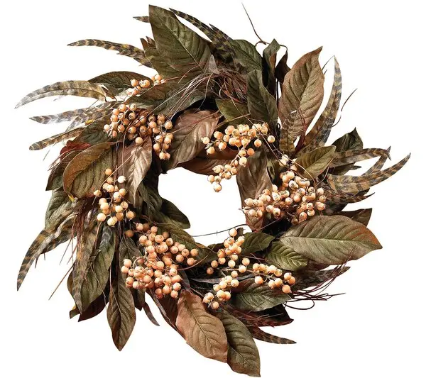 NEARLY NATURAL 24' Feather & Berry Wreath By - One-color
