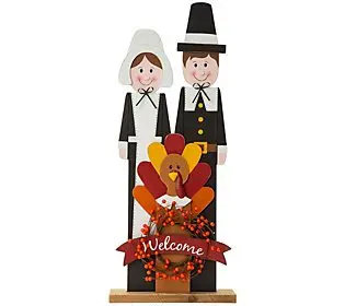 GLITZHOME Pilgrim Couple Thanksgiving Wooden Po Rch Decor - One-color