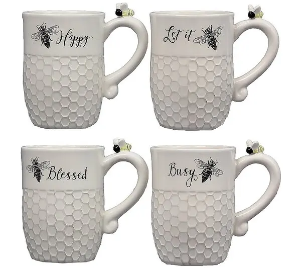 YOUNG'S INC. Set Of 4 Honeycomb Bee Mugs - One-color