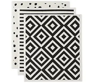DESIGN IMPORTS Set Of 3 Black & White Swedish D Shcloths - One-color