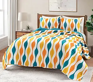 LUSH DECOR Mid-century Geo Quilt Turq/orange 3-pc Set King By - One-color