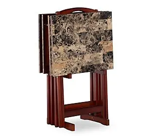 LINON Home Locke Brown Faux Marble Tray Table S T W/ Stand - One-color