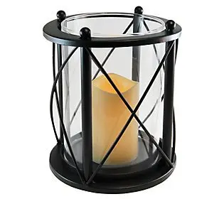 LUMABASE Round Black Criss Cross Metal Lantern With Led Candle - One-color
