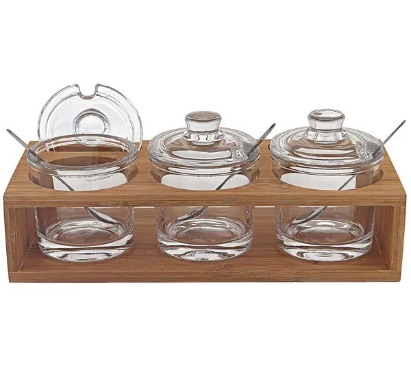 BADASH CRYSTAL Jar Set With 3 Glass Jars And Spoons On Wood Stand - One-color