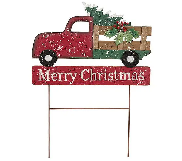 GLITZHOME Christmas Vintage Red Truck Yard Stak E Or Wall Deco - One-color