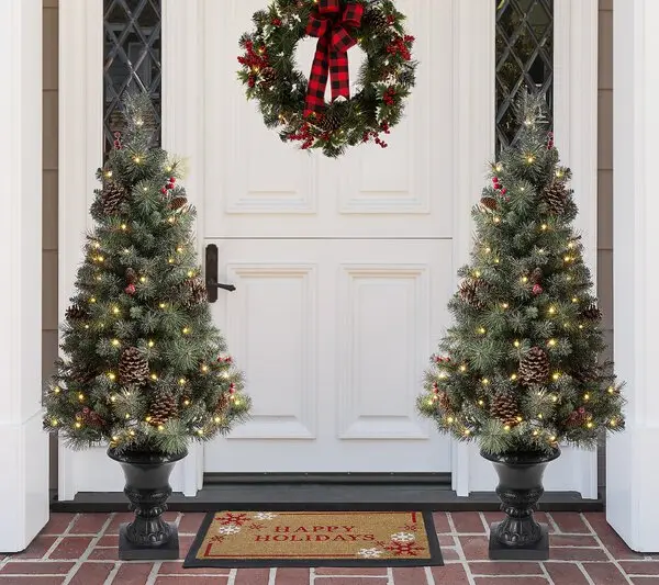 GLITZHOME Set Of 2 4' Flocked Pine Lighted Faux Christmas Tree - One-color