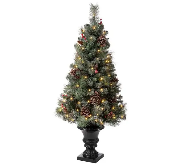 GLITZHOME Flocked Base Tree W/ 100 Lights, Pine Cones & Berries
