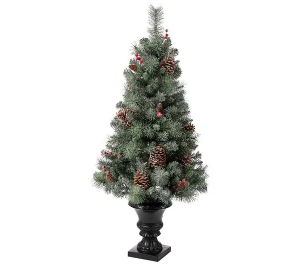 GLITZHOME Flocked Base Tree W/ 100 Lights, Pine Cones & Berries