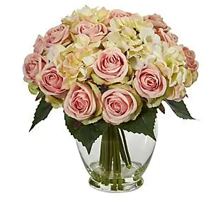 NEARLY NATURAL Rose & Hydrangea Bouquet Arrange Ment - One-color