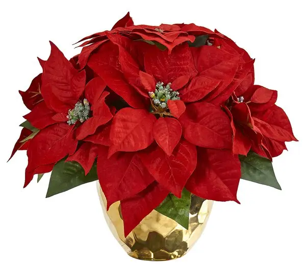 NEARLY NATURAL Poinsettia Arrangement In Golden Vase - One-color