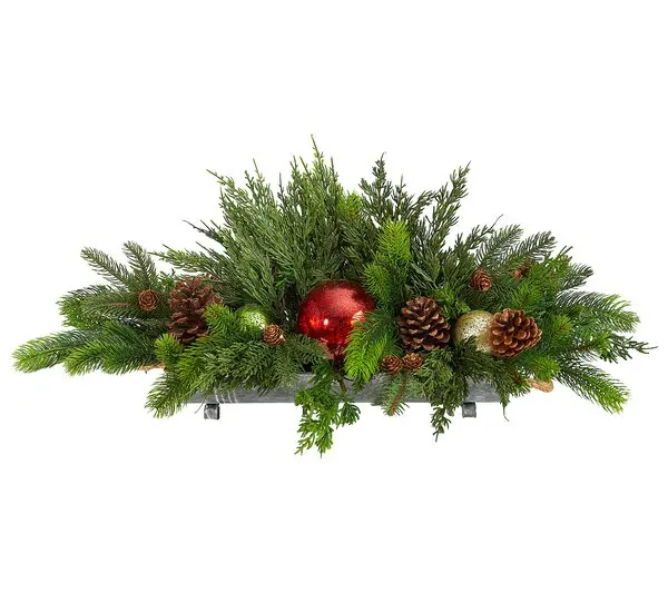 NEARLY NATURAL 24' Pine, Pinecones & Ornaments Rrangement - One-color
