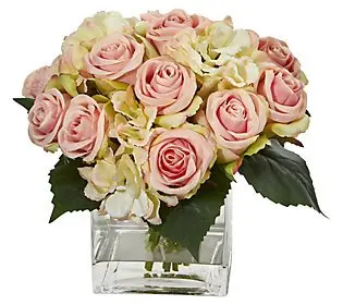 NEARLY NATURAL Rose & Hydrangea Bouquet Arrange Ment In Vase - One-color