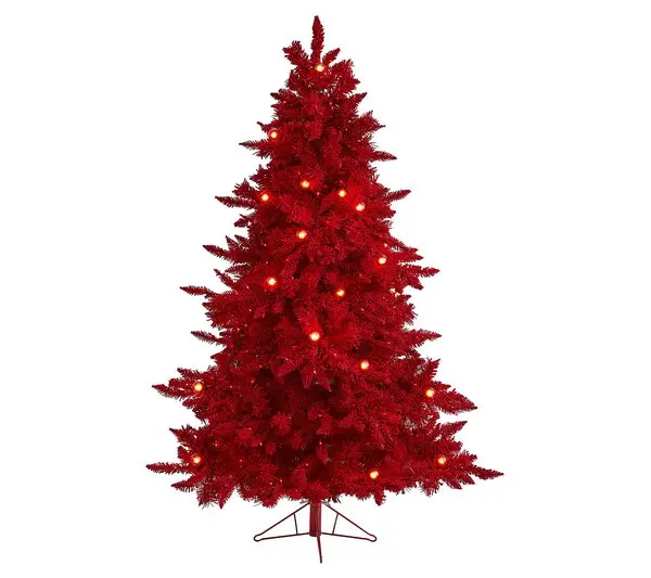 NEARLY NATURAL 6' Red Flocked Christmas Tree W/ Lights - One-color