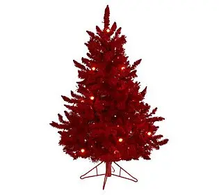 NEARLY NATURAL 4' Red Flocked Christmas Tree W/ Lights - One-color