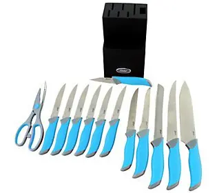 OSTER Lindbergh 14-piece Cutlery Set With Wood Block In Teal - One-color