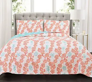 LUSH DECOR Dina Coral 3-piece Fl/qn Blue/coral Quilt Set B Y - One-color