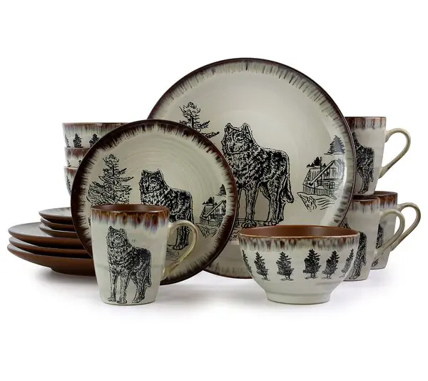 ELAMA Majestic Wolf 16-piece Round Stoneware Di Nnerware Set - One-color