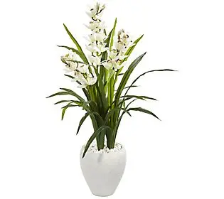 NEARLY NATURAL 4' Cymbidium Orchid Plant In White Planter N Early Natural - One-color