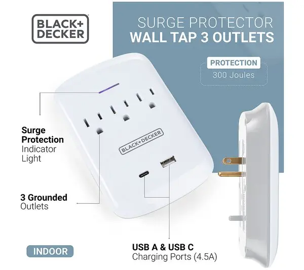 BLACK + DECKER Surge Protector Wall Mount W/ 3 Outlets 2 Usb