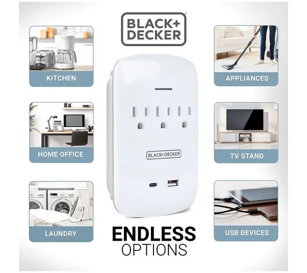 BLACK + DECKER Surge Protector Wall Mount W/ 3 Outlets 2 Usb