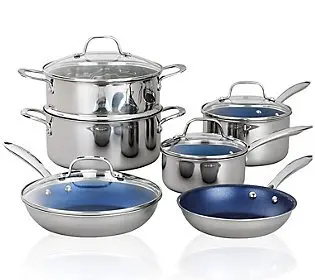 GRANITESTONE 10 Pc Blue Stainless Steel Nonstic K Cookware Set - Silver