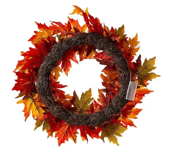 GLITZHOME Led Fall Lighted Maple Leaves Wreath