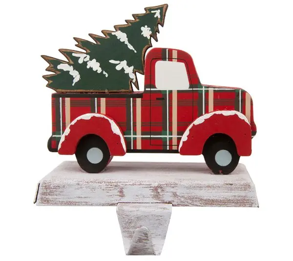 GLITZHOME Christmas Wooden Metal Red Truck Stoc King Holder - One-color