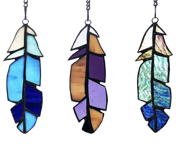 RIVER OF GOODS Set Of 3 Feather Stained Glass Window Panel - One-color