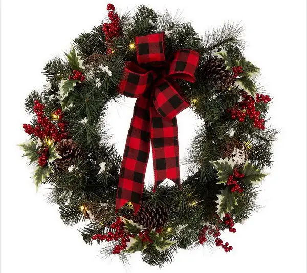 GLITZHOME Led Pre-lit Buffalo Plaid Bow Christm As Wreath - One-color