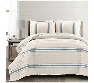 LUSH DECOR Farmhouse Stripe Reversible Cotton Quilt Blue 3 C Set F/q - One-color