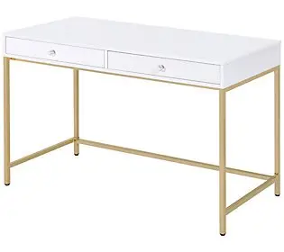 ACME Ottey Desk 2 Drawer, White High Gloss & Go Ld - One-color