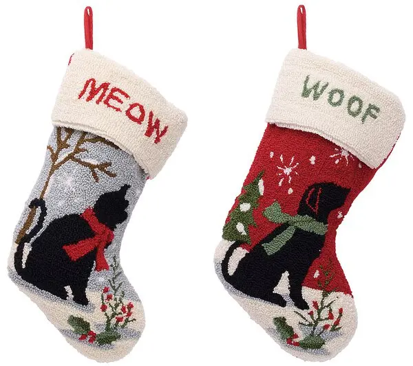 GLITZHOME Set Of 2 20'l Pet Cat/dog Hooked Chri Tmas Stocking - One-color
