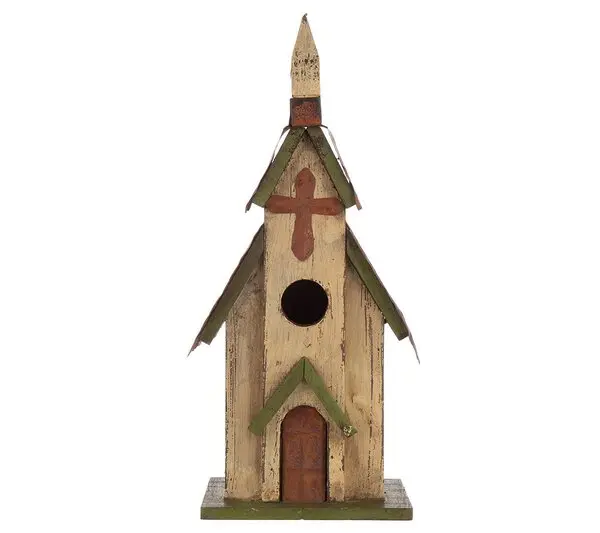 GLITZHOME Hanging Or Standing Rural Church Wood Birdhouse - One-color