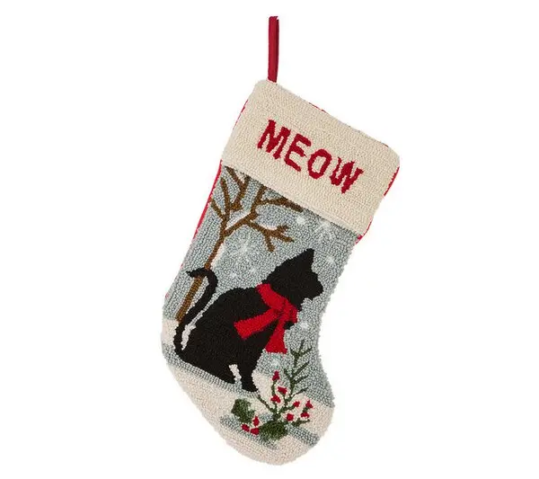 GLITZHOME Hook Looped Fabric Meow Or Woof Chris Tmas Stocking - One-color