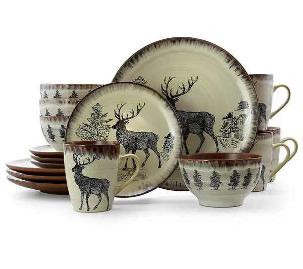 ELAMA Majestic Elk 16-piece Round Stoneware Din Nerware Set - One-color
