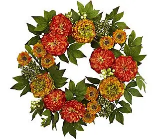 NEARLY NATURAL 24' Peony And Mum Wreath By - One-color