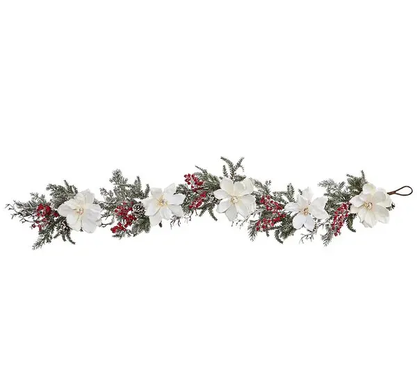NEARLY NATURAL 60' Frosted Magnolia & Berry Garland Nearly Tural - One-color
